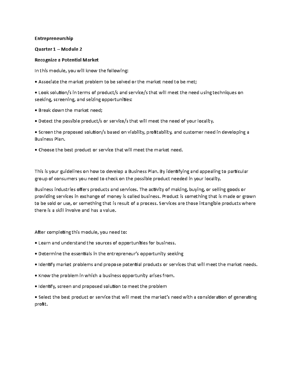 Recognizing a Potential Market: Lesson on Entrepreneurship - Studocu