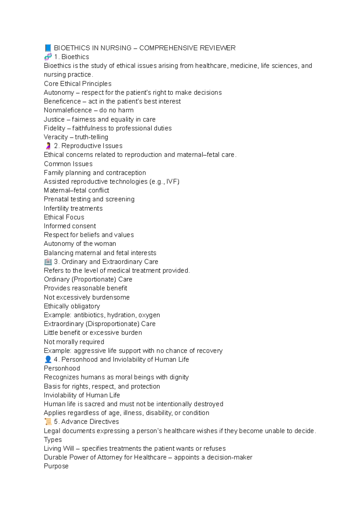 BIOETHICS IN NURSING: COMPREHENSIVE REVIEWER GUIDE - Studocu
