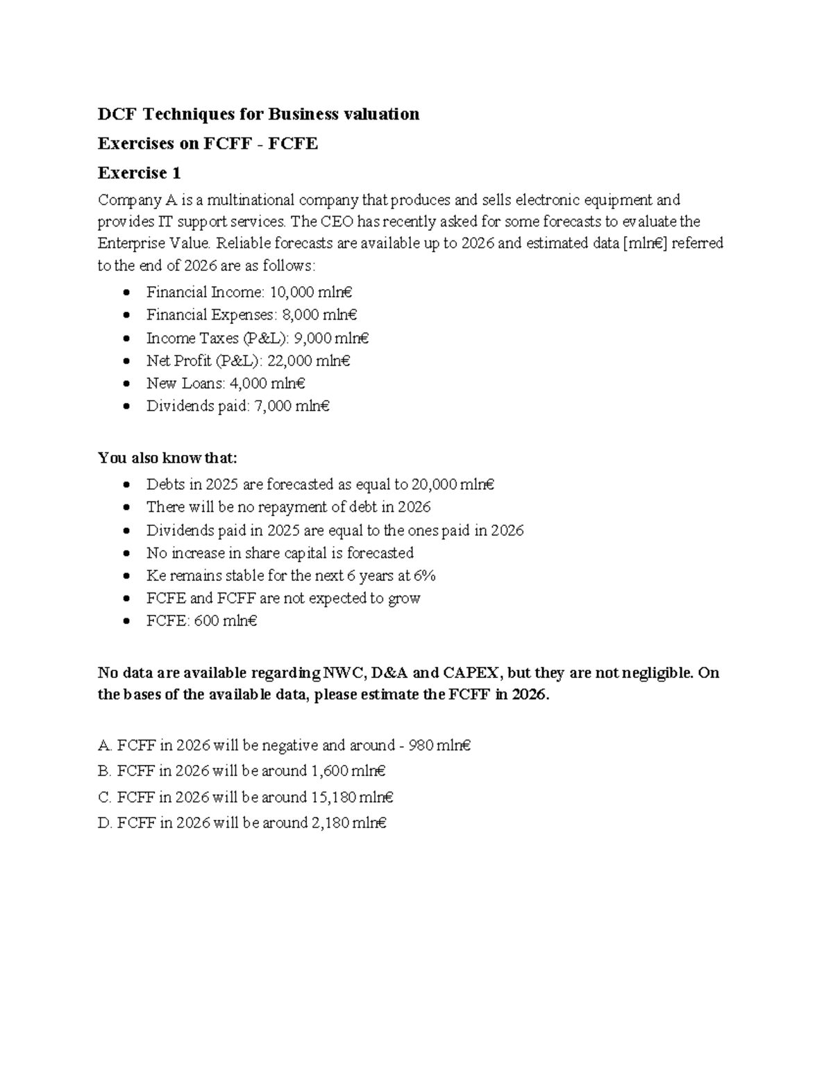 AFC25 DCF Valuation Exercises: FCFF & Equity Value Analysis - Studocu