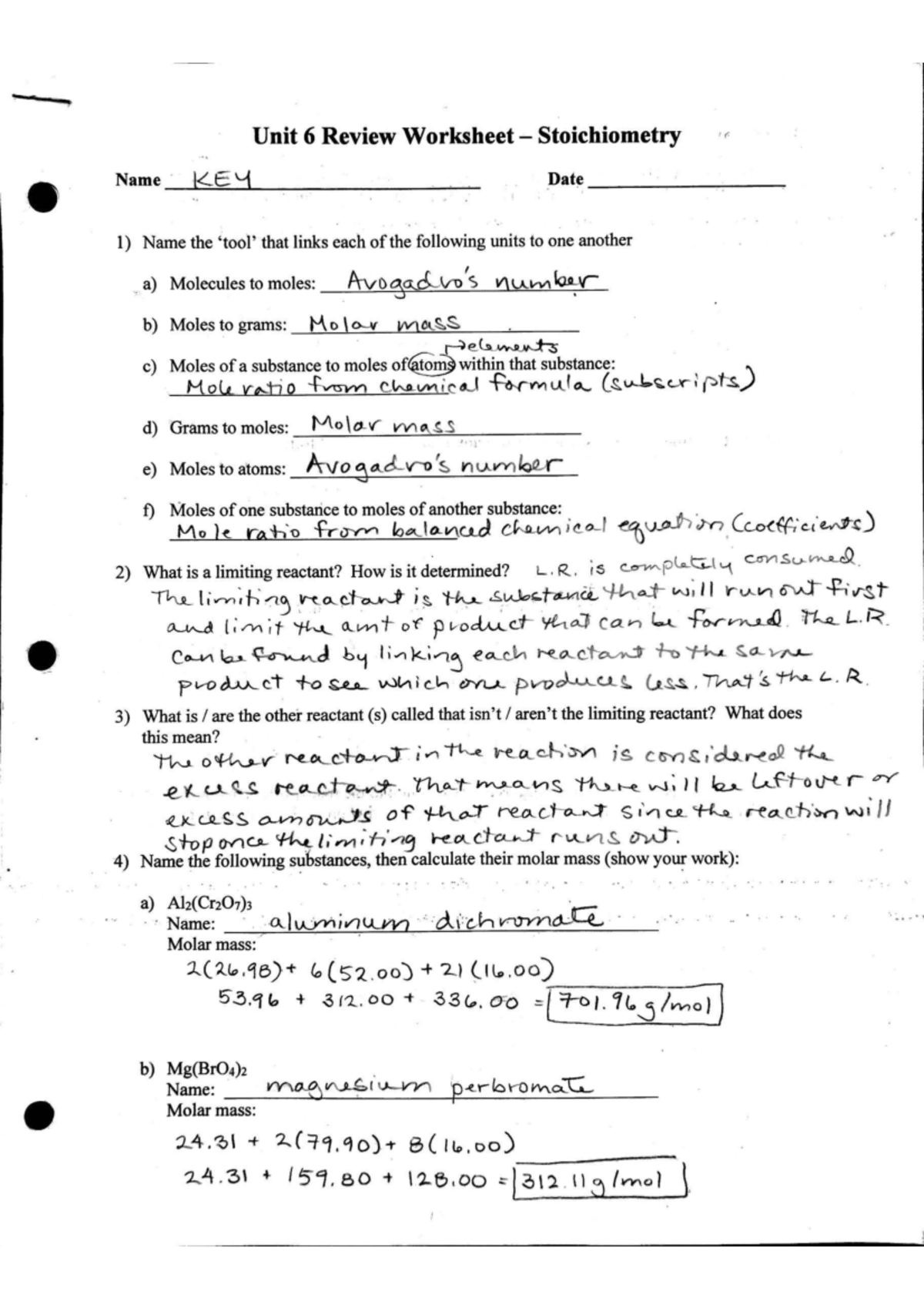 U6 Review Key - Stoichiometry Study Guide for Course Success - Studocu