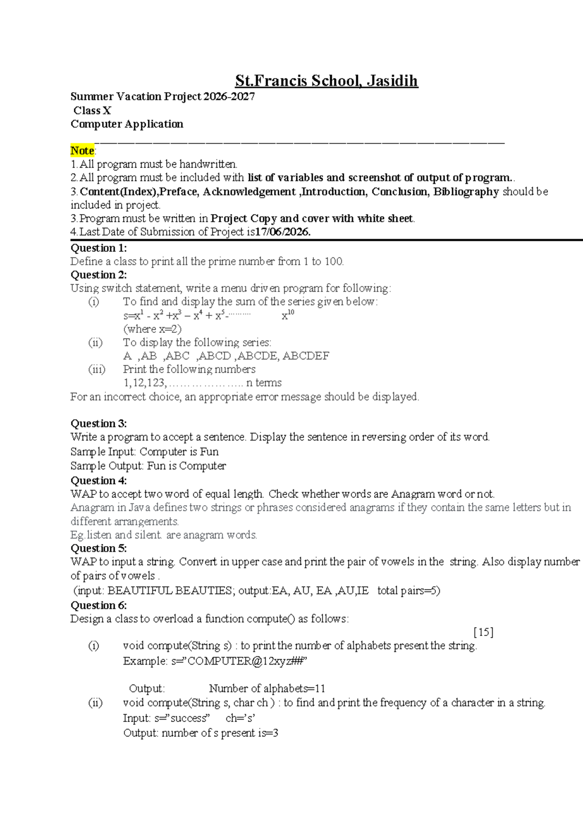 Class X Computer Application Summer Project: Java Programs & Tasks ...