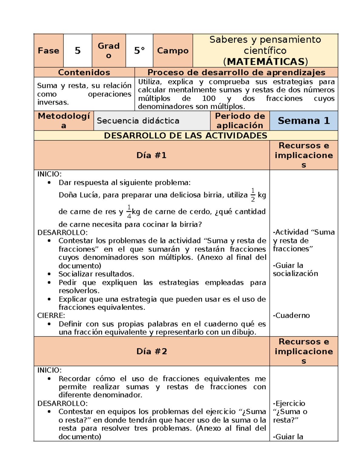 Planeación de Matemáticas 5to Grado: Sumas, Restas y Probabilidad (2025 ...