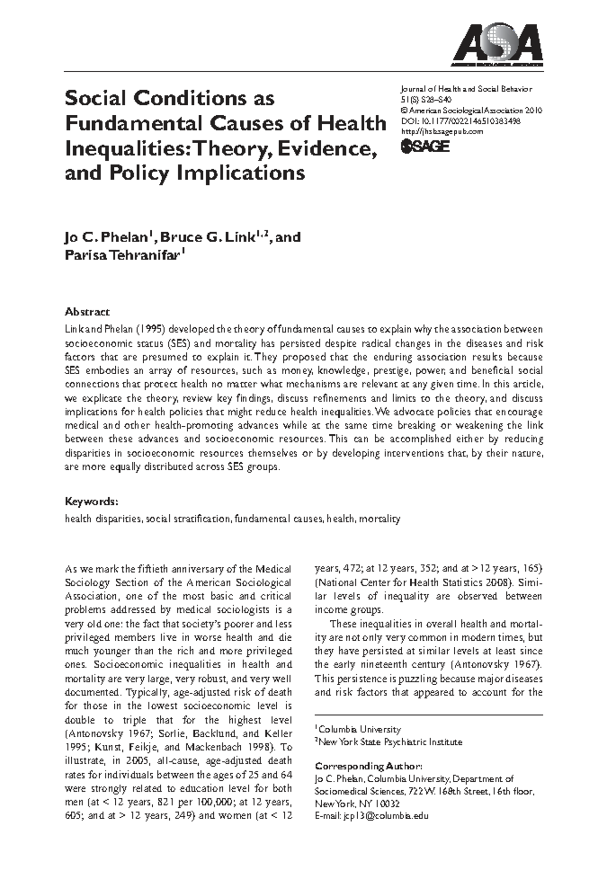 Social Conditions as Fundamental Causes of Health Inequalities (HSB-51S ...