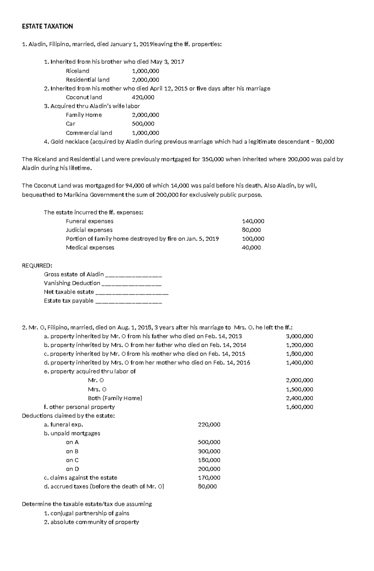 Estate Tax Computation for Sample Cases: Estate Tax Analysis - Studocu