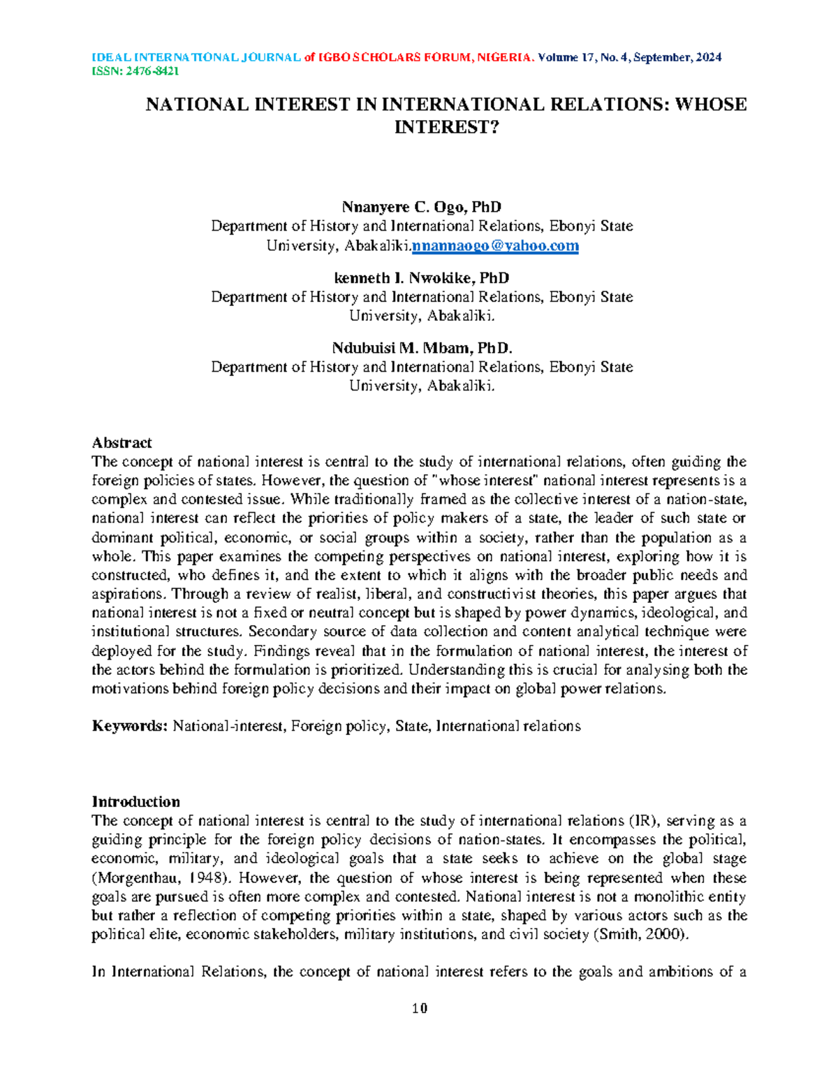 National Interest in International Relations: Whose Interest? - Vol. 17 ...