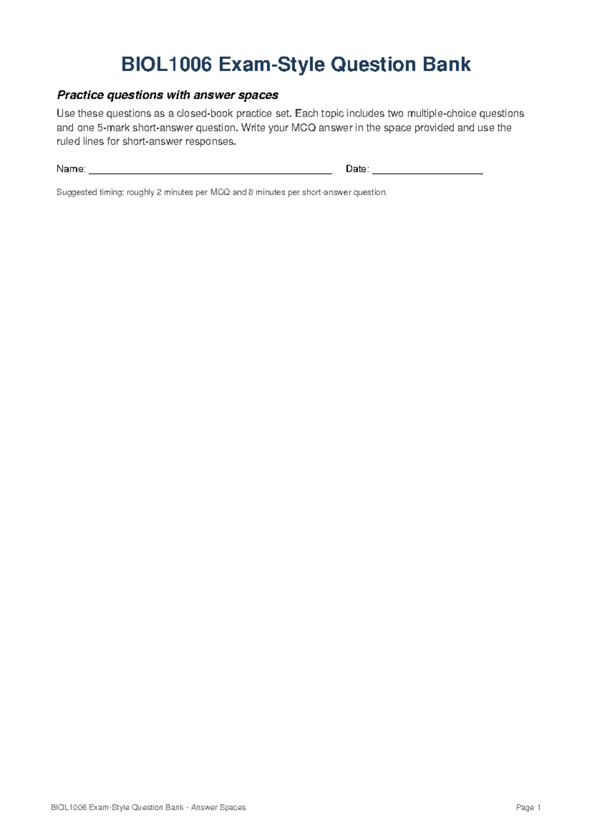 BIOL1006 Question Bank: Practice MCQs and Answer Spaces - Studocu
