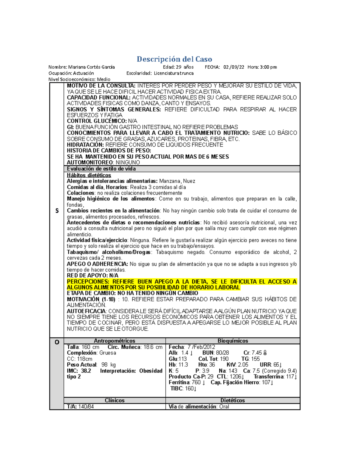 SOAP OB - Formato Soap - Descripción del Caso Nombre: Mariana Cortés ...