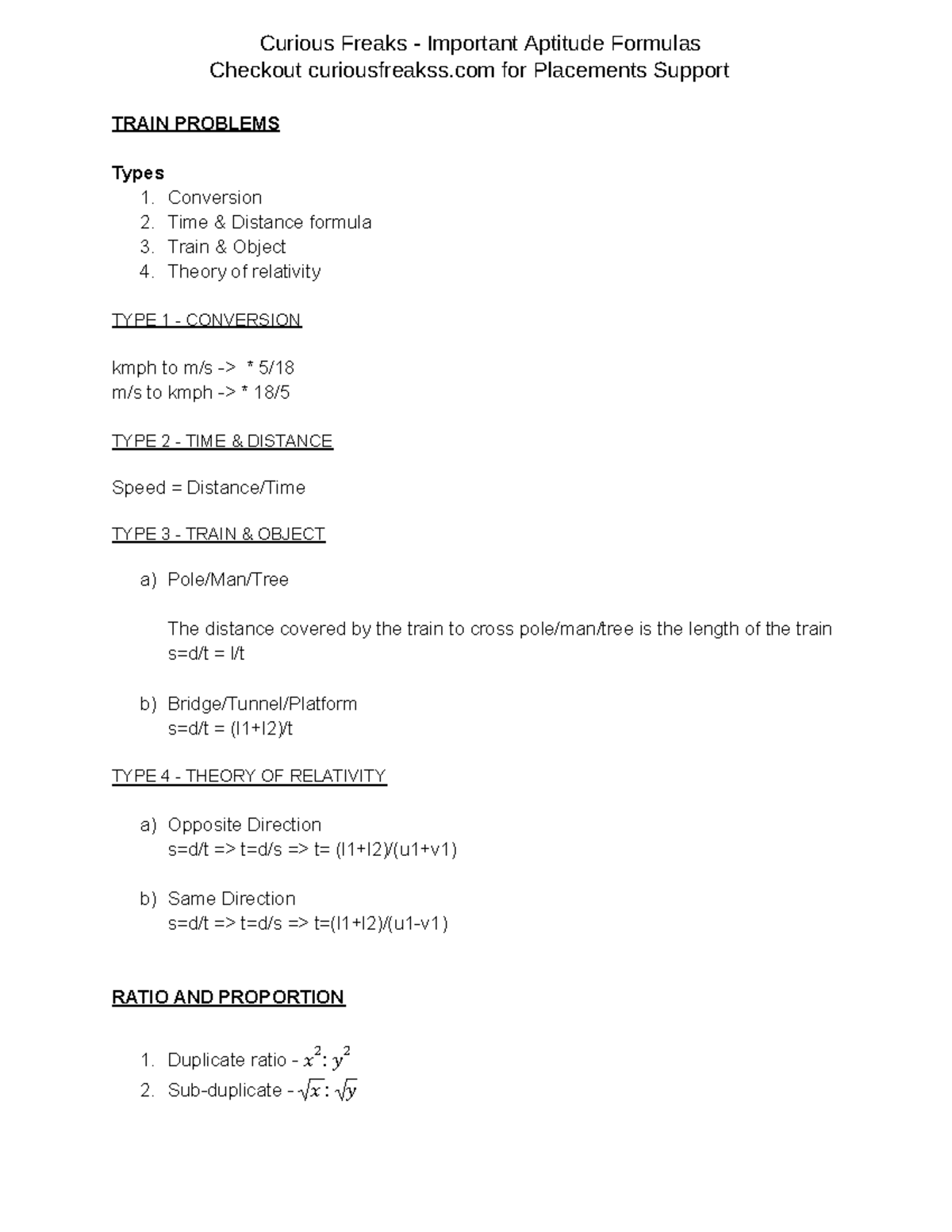 Aptitude Formulas for Train Problems and Related Calculations - Studocu