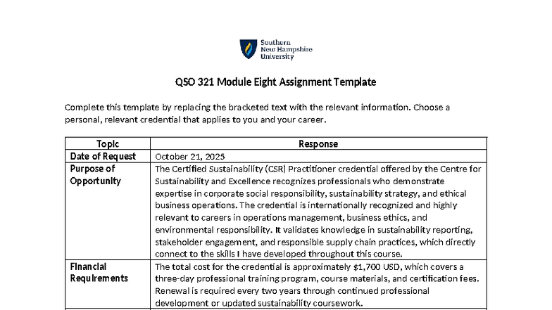 QSO 321 Module 8 Assignment: CSR Credential Analysis and Benefits - Studocu