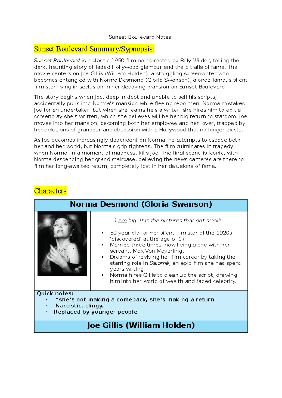 Sunset Boulevard (Film Noir) Comprehensive Study Notes - Studocu
