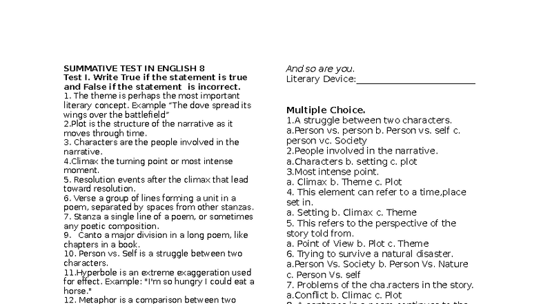 SUMMATIVE TEST IN ENGLISH 8: True/False Statements and Literary Devices ...