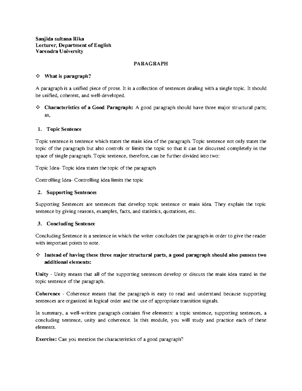 Characteristics of a Good Paragraph - ENG 101 Lecture Notes - Studocu