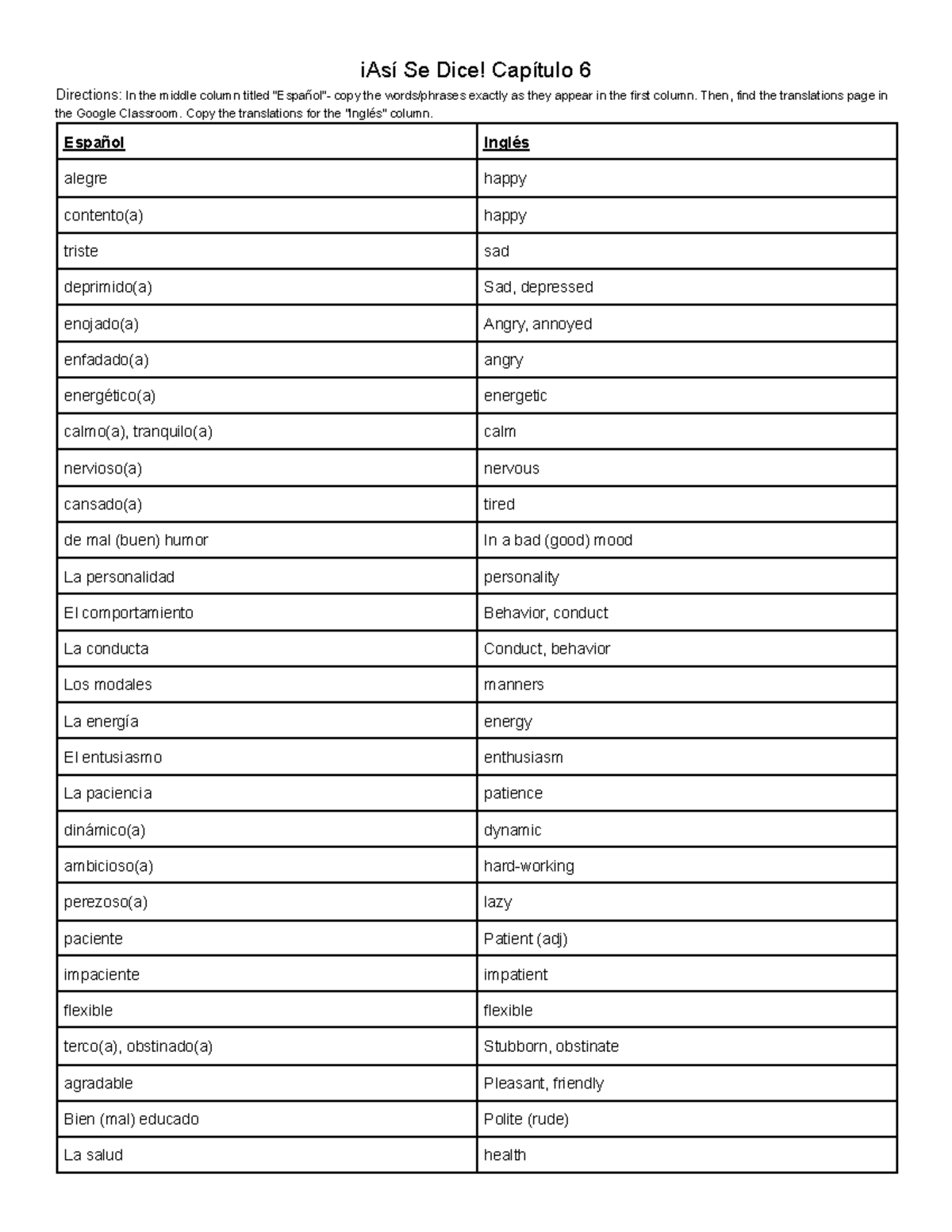 iAsí Se Dice! Capítulo 6 Vocab Study Guide - Studocu