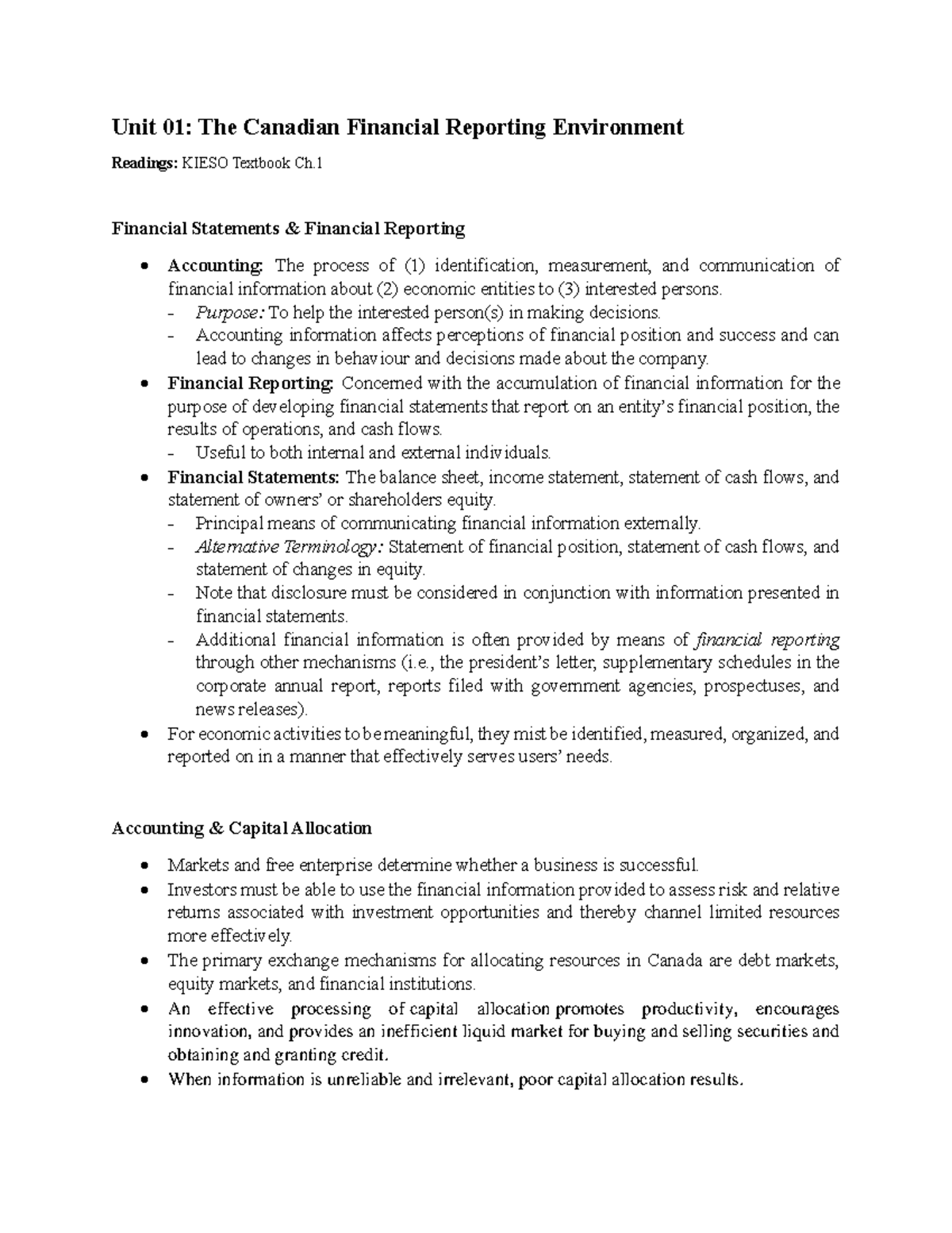 Unit 01: Overview of Canadian Financial Reporting Environment - Studocu