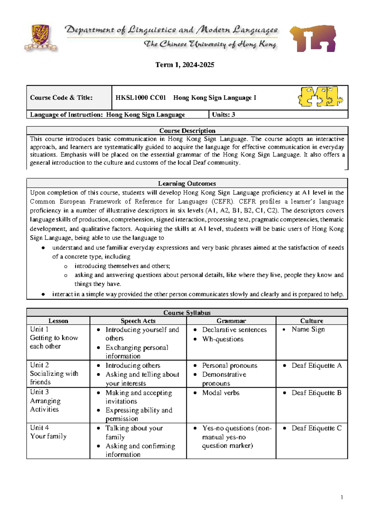 HKSL1000 CC01 Course Outline: Introduction to Hong Kong Sign Language I - Studocu