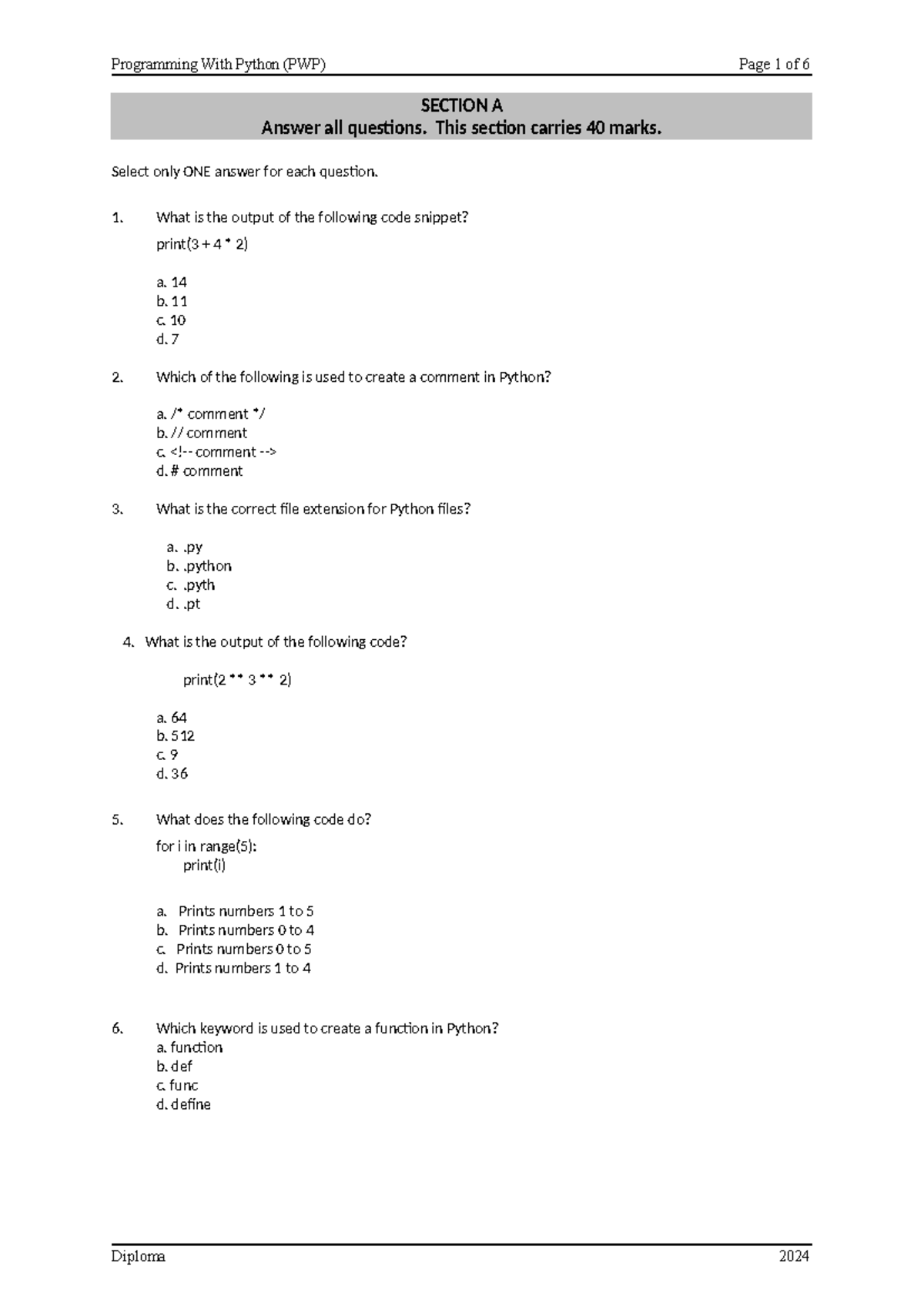 Diploma 2024 Programming With Python (PWP) Final Exam Paper - Studocu