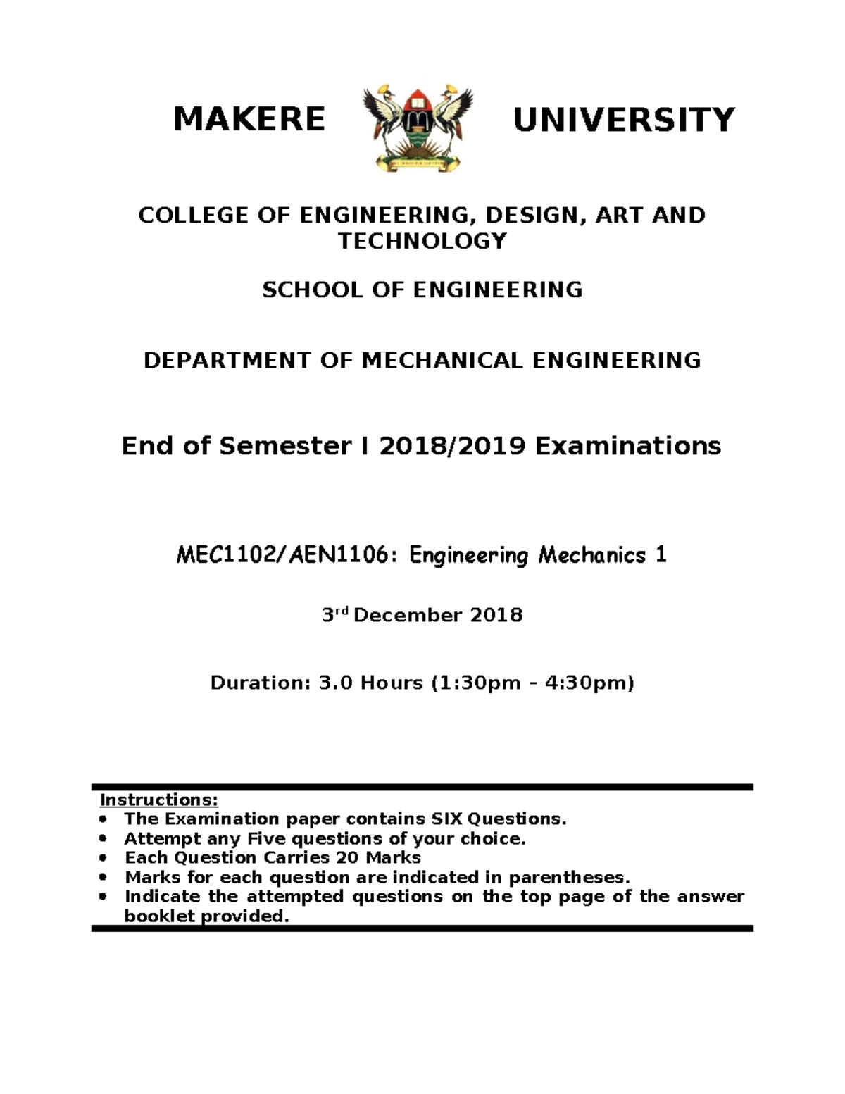 ENGR 101: Engineering Mechanics Final Exam 2018-2019 - Studocu