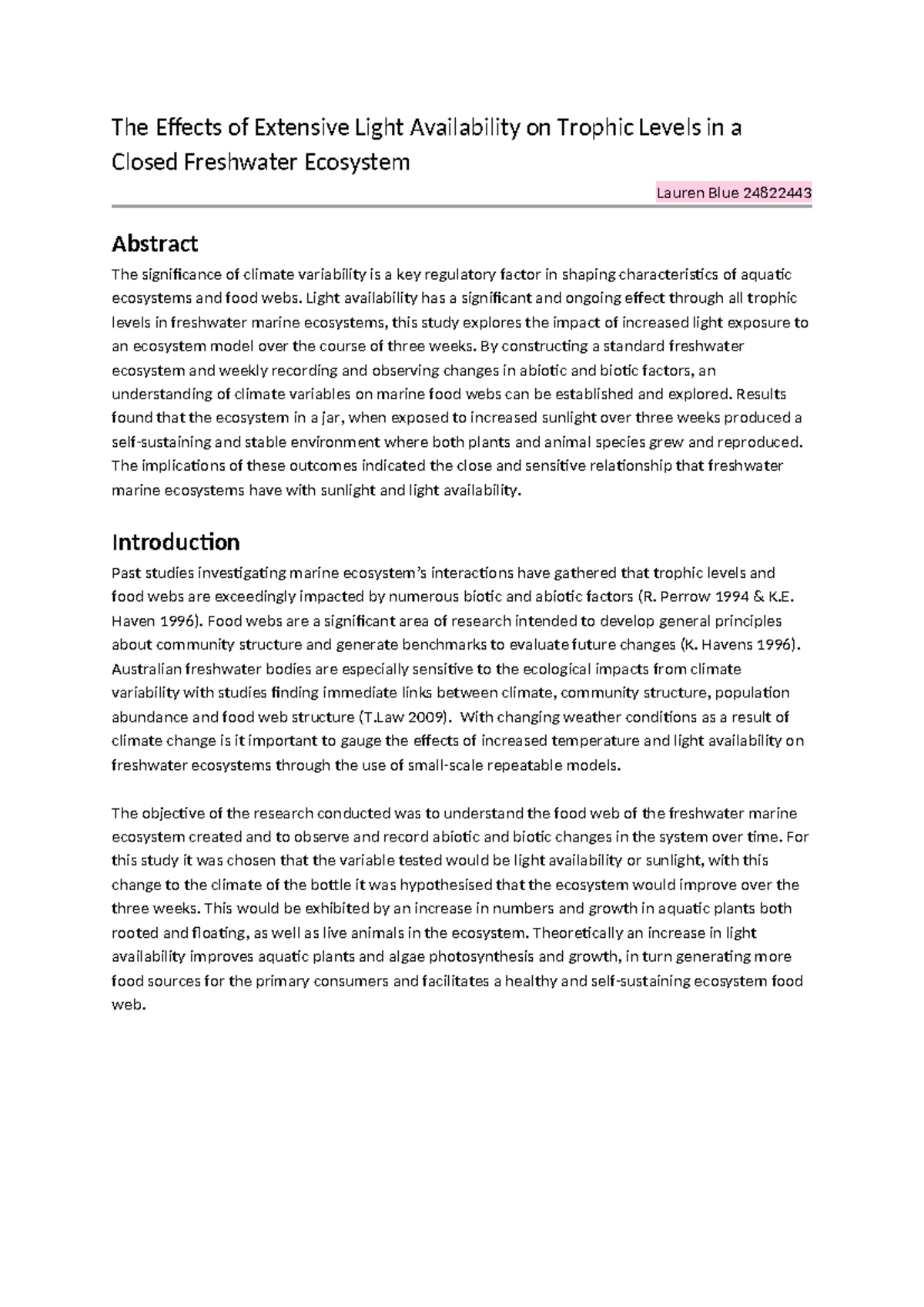 Ecosystem in a Bottle: Impact of Light on Freshwater Trophic Levels ...