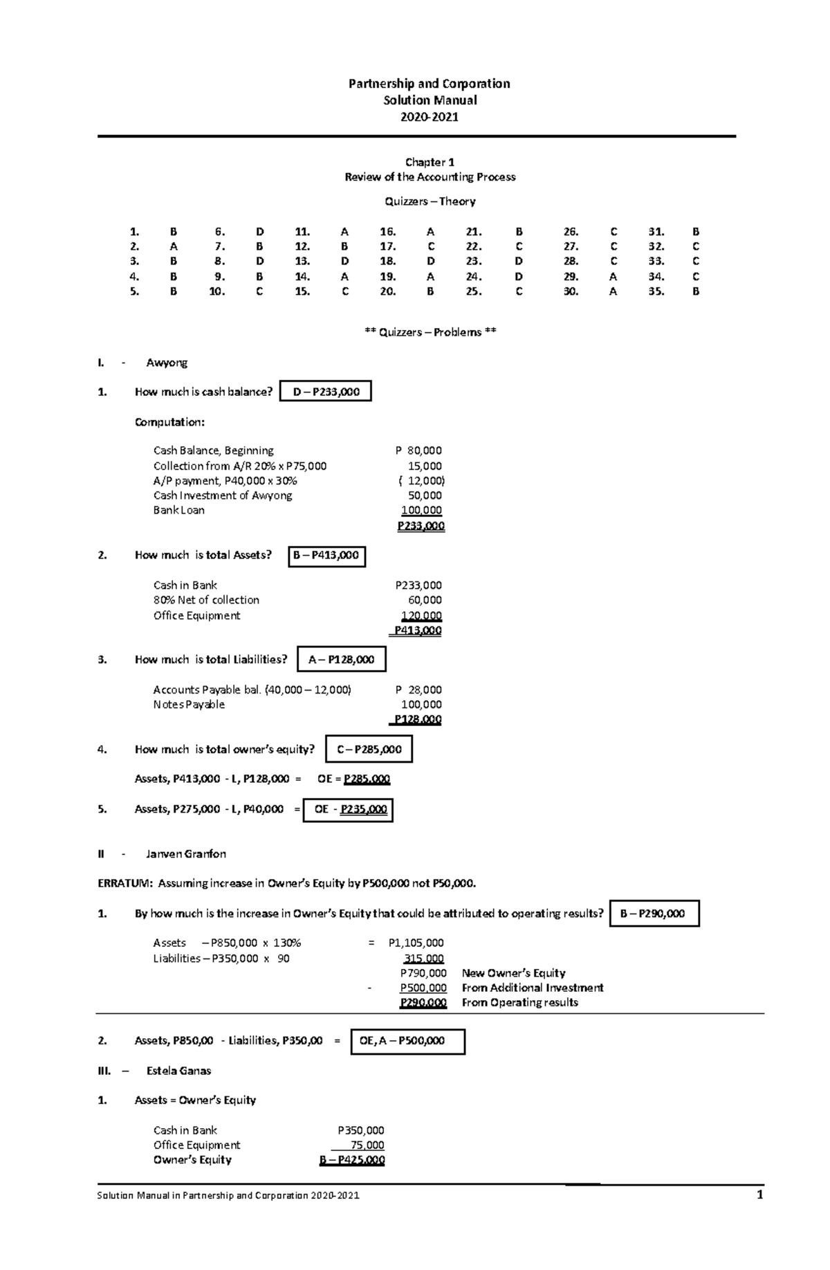 Partnership and Corporation Solution Manual (SOL MAN 2020) by Lopez ...