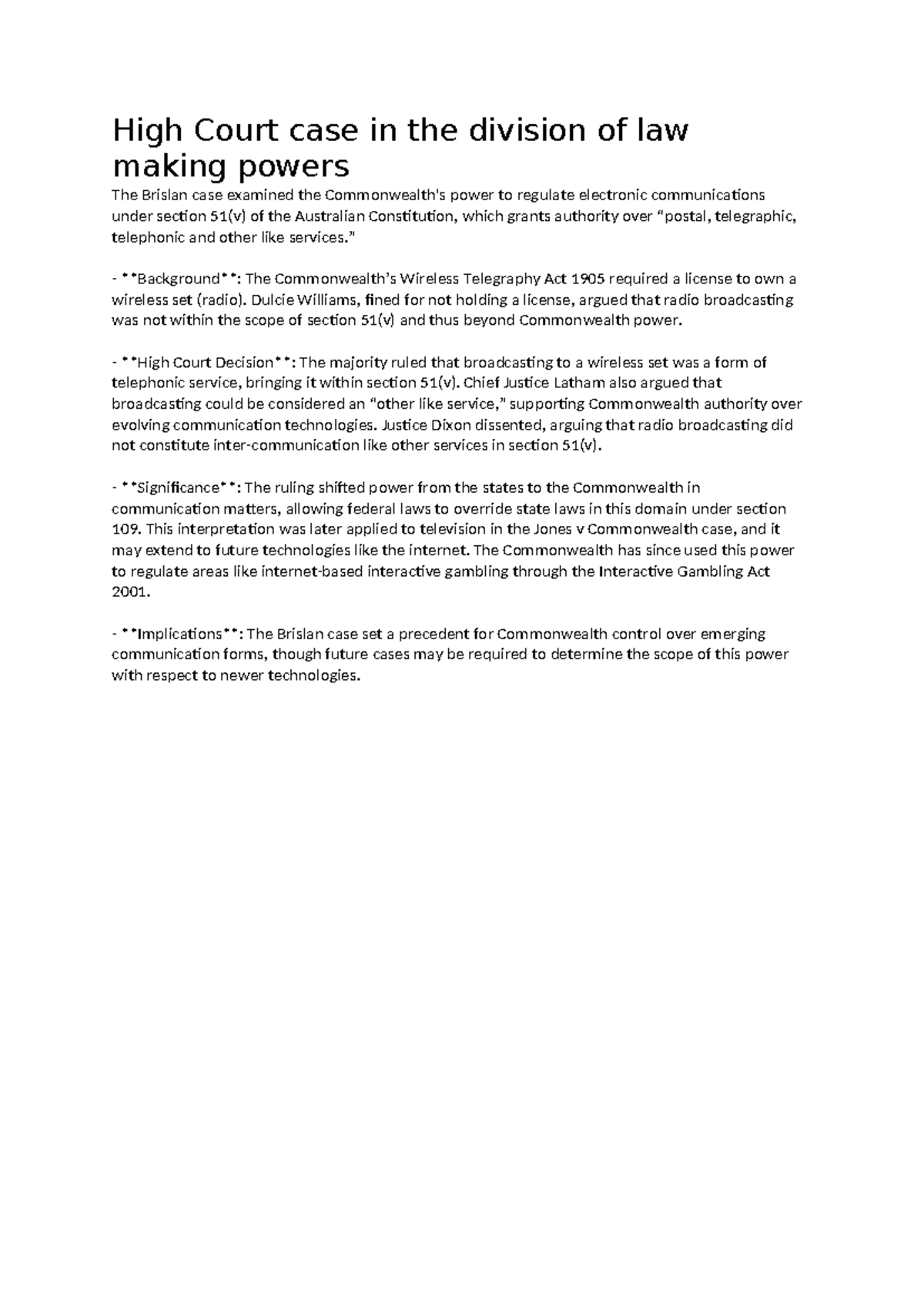 High Court case in the division of law making powers - High Court case ...