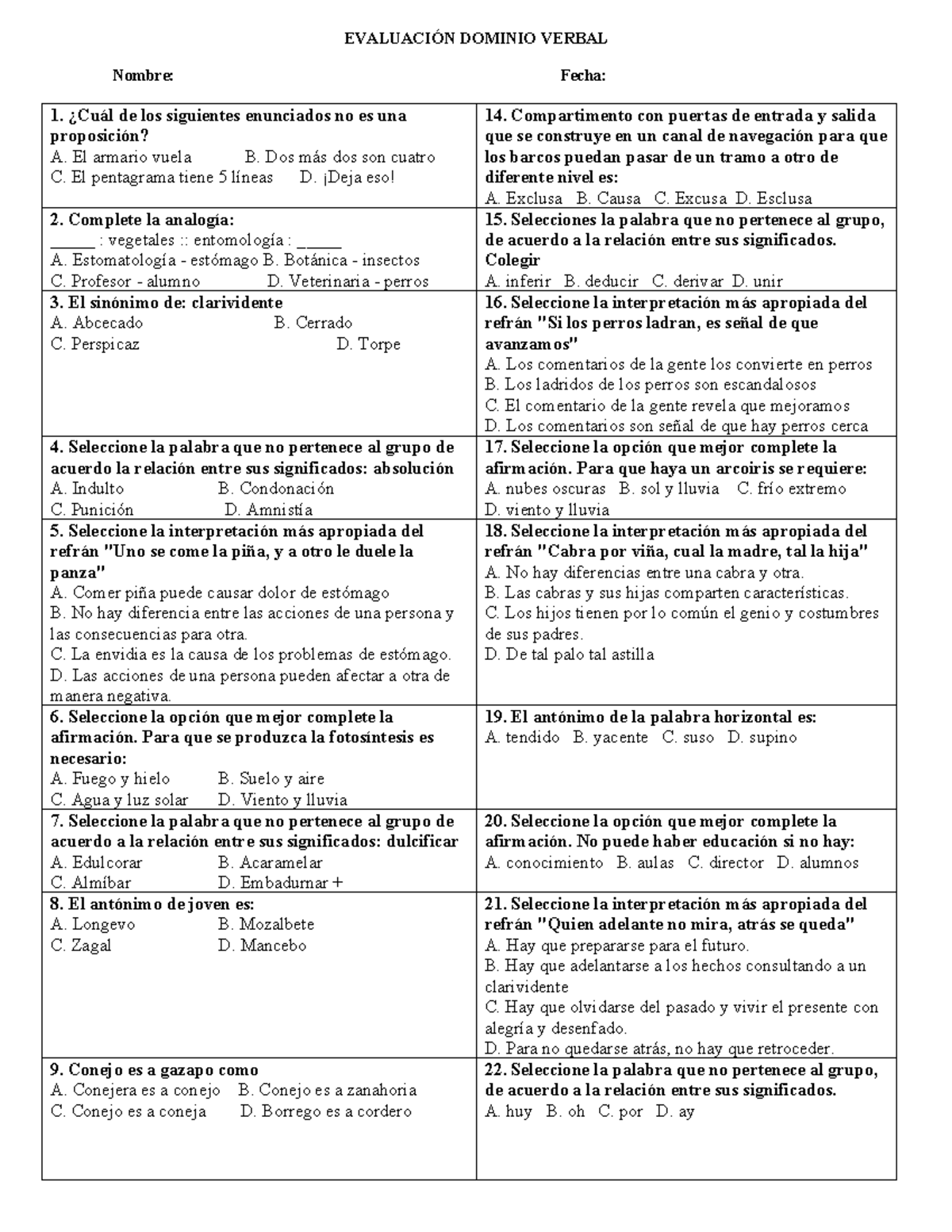Evaluación Dominio Verbal IMP. (1) - Preguntas y Respuestas - Studocu