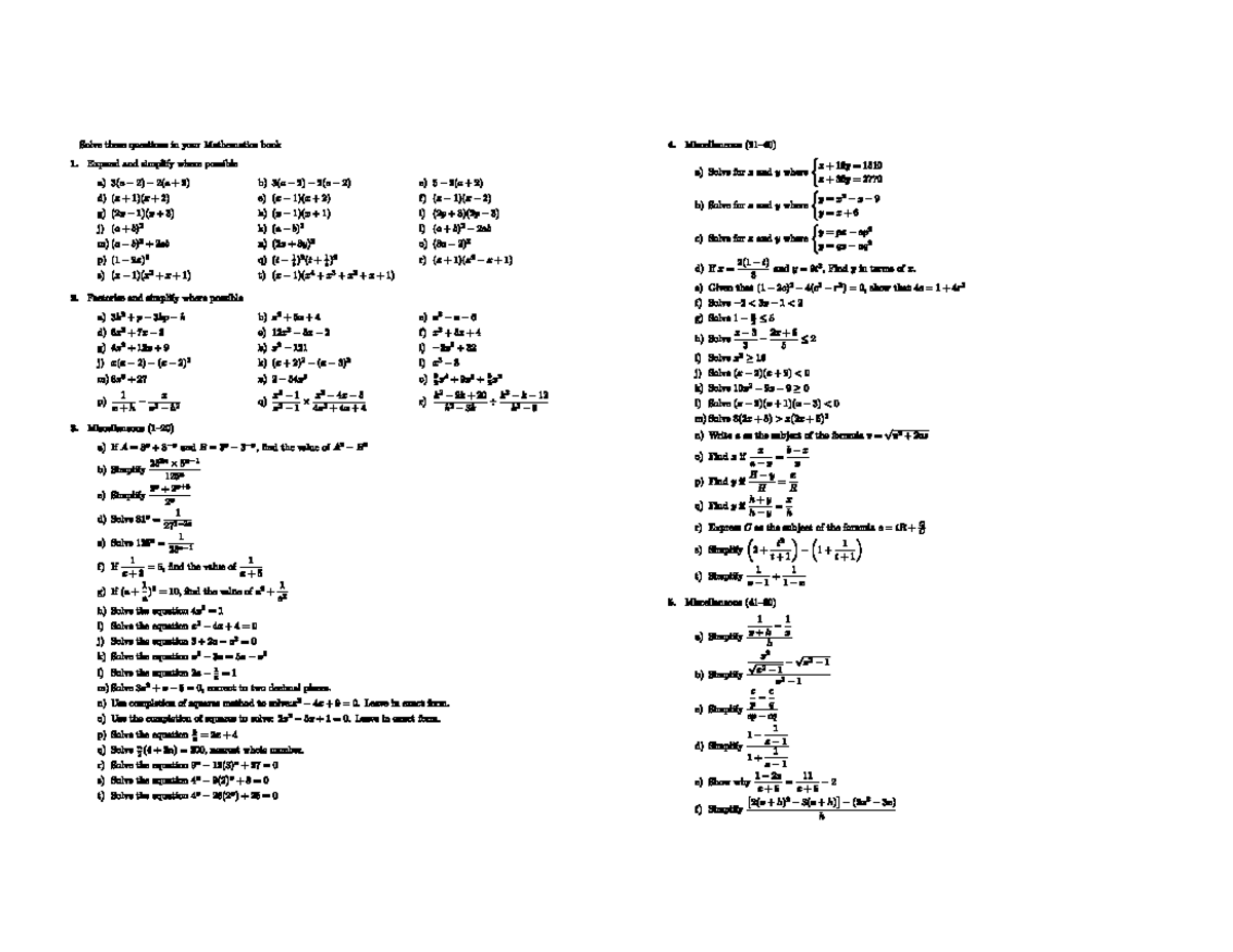Year 10 Algebra Review Worksheet: Solve and Simplify Key Concepts - Studocu