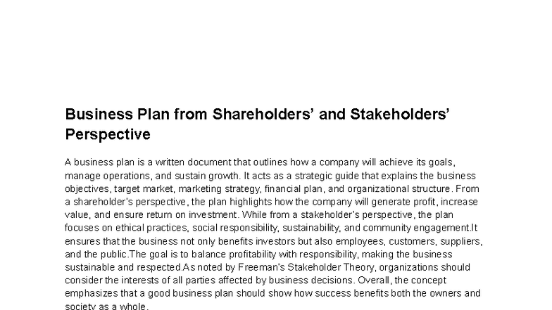 Business Plan from Shareholders' & Stakeholders' Perspective (BUS 101 ...