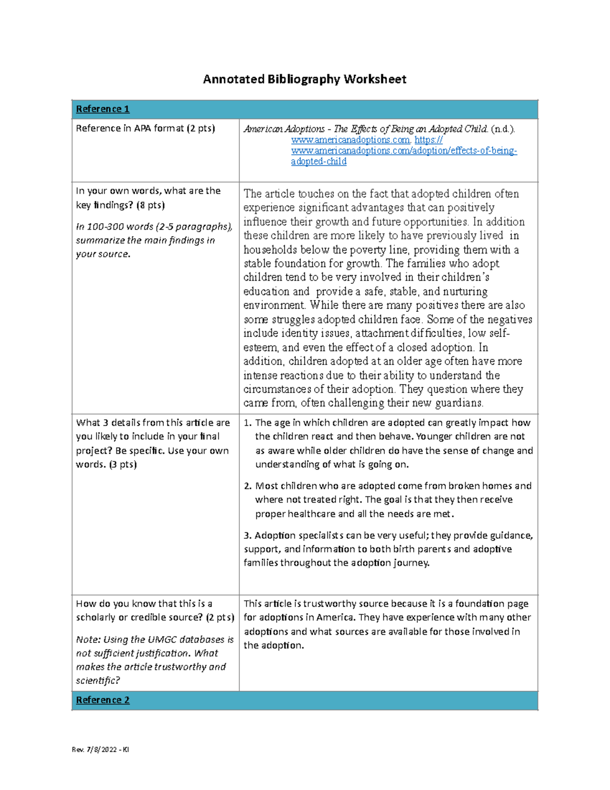 Annotated Bibliography for Adoption Studies (Course Code: PSY 101 ...