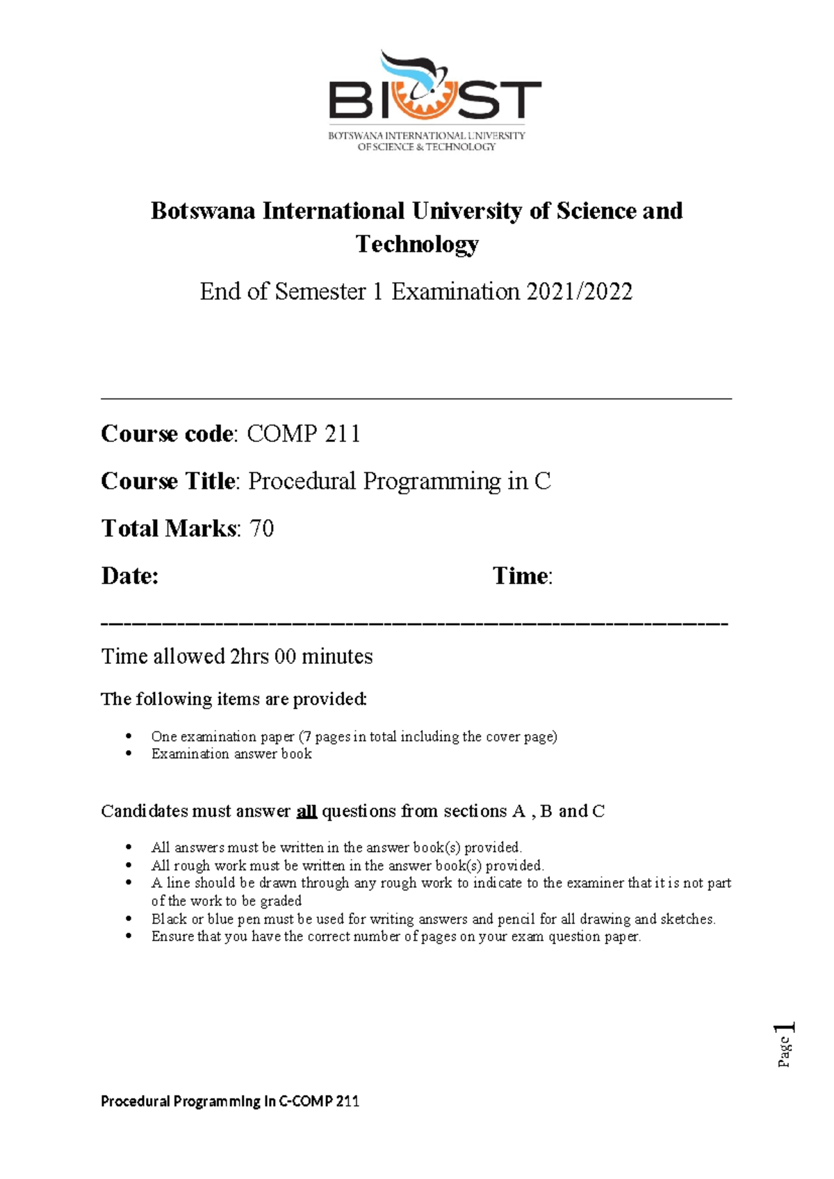 COMP211 2021 Final Exam Marking Key for Procedural Programming in C ...