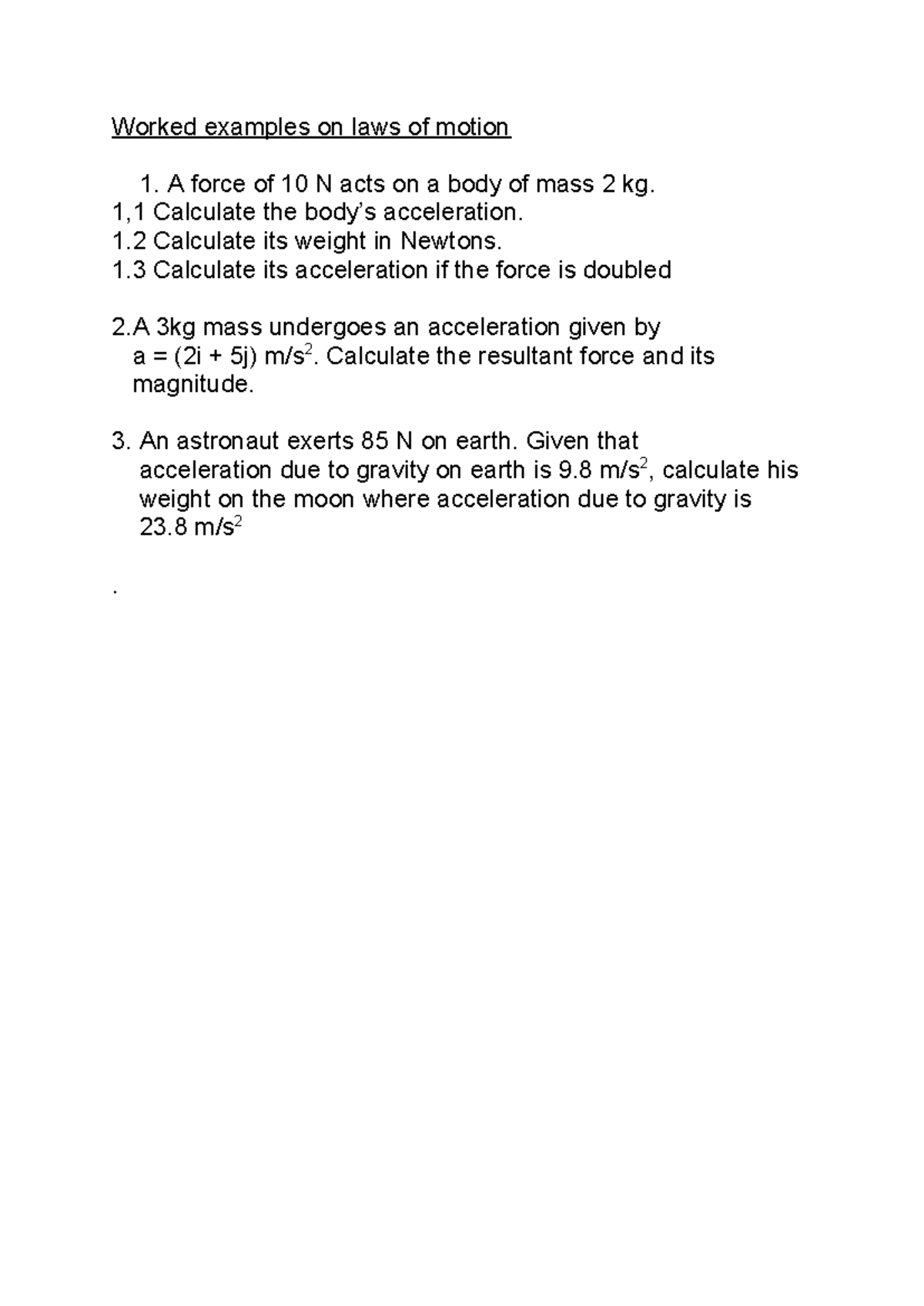 Worked Examples on Laws of Motion: Calculations of Force & Acceleration - Worked examples on ...