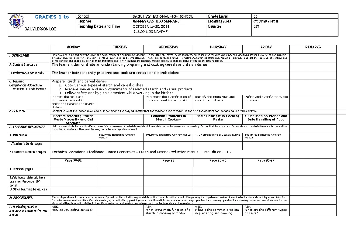 DLL Cookery 12 Q2 W2: Daily Lesson Log for Vegetable Preparation - Studocu