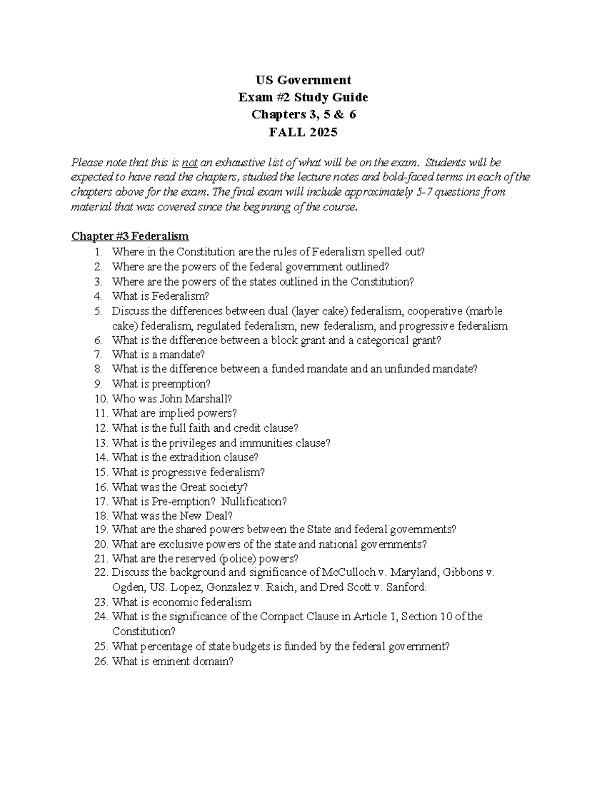 US Government Exam #2 Study Guide: Chapters 3, 5 & 6 - Fall 2025 - Studocu