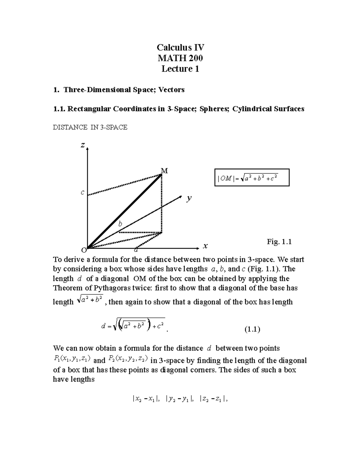 Calculus IV MATH 200 Lecture 1: Vectors and Distance Formulas - Studocu