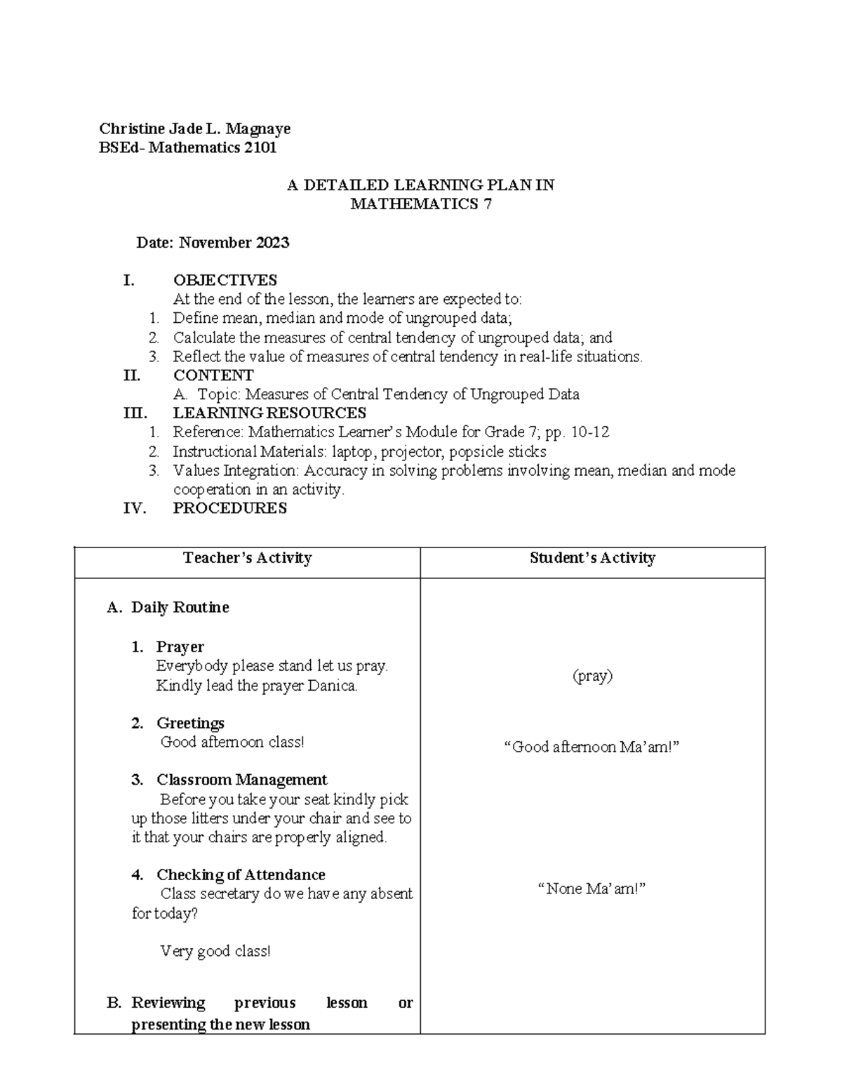 BSEd-Math 2101: Detailed Lesson Plan on Measures of Central Tendency - Studocu