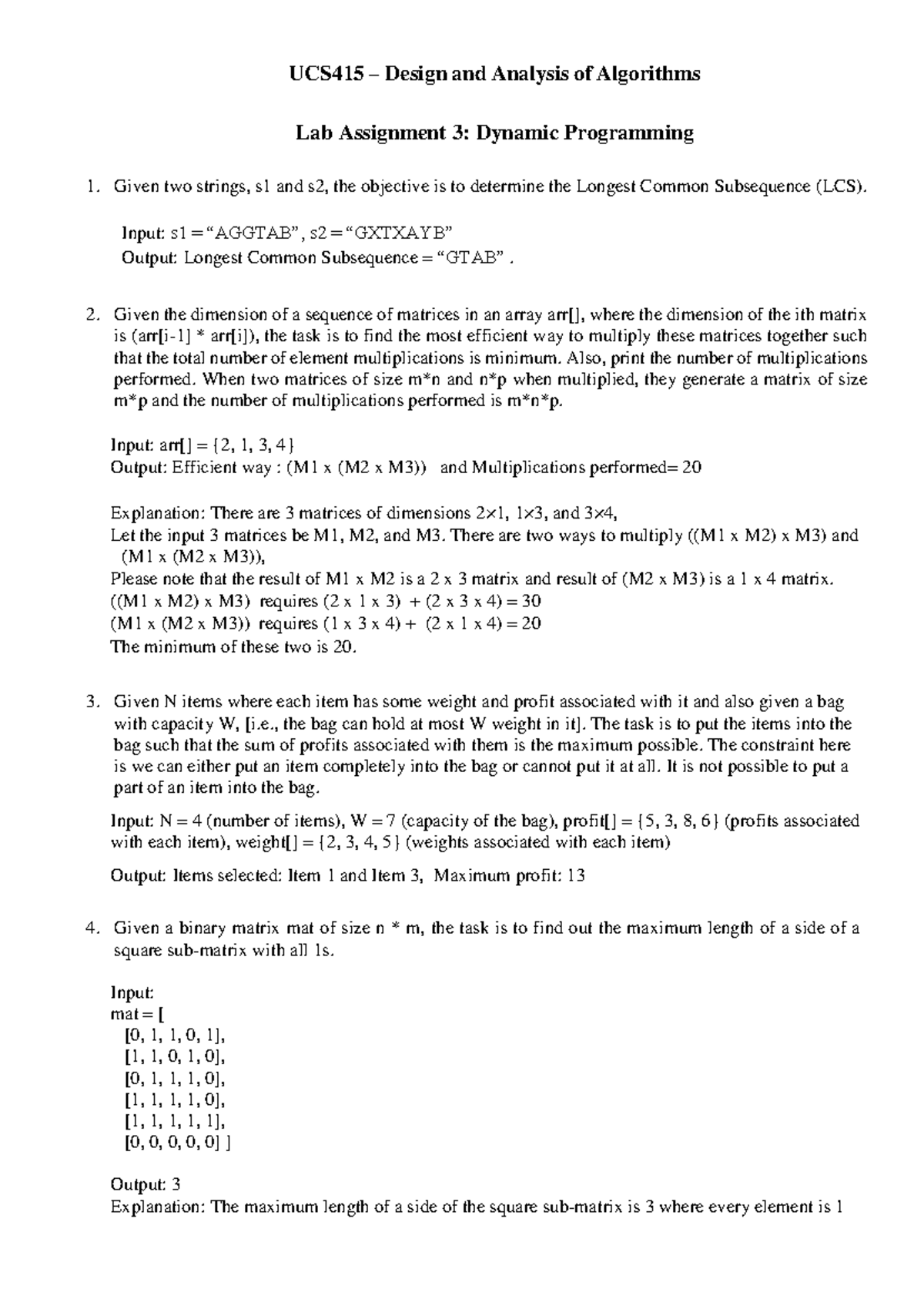 UCS415 Lab Assignment 3: Dynamic Programming & Algorithm Analysis - Studocu