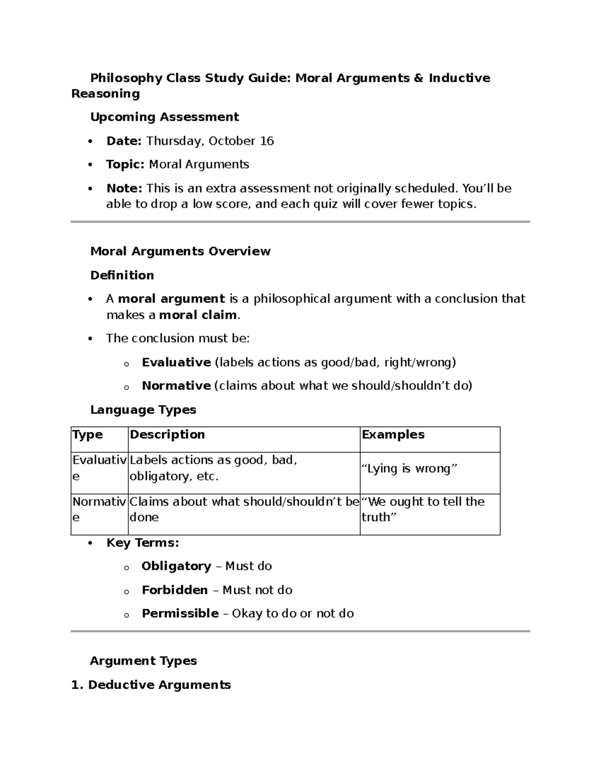 Philosophy 101 Study Guide: Moral Arguments & Inductive Reasoning - Studocu