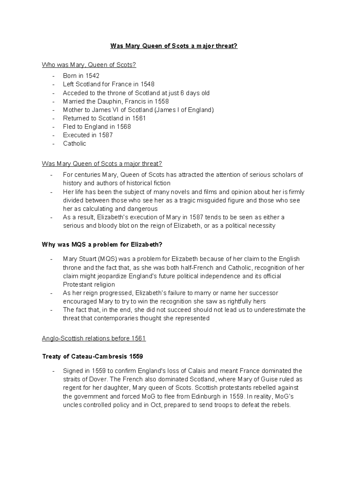 L10 Case Study: Mary Queen of Scots & the Northern Earls' Threat - Studocu