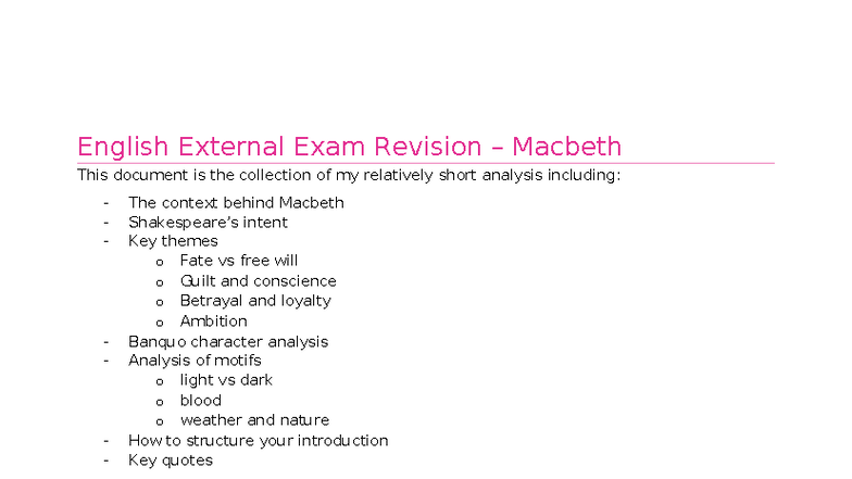 Macbeth External Exam Revision Notes (ENG101) - Studocu