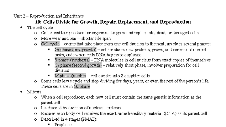 Unit 2 Reproduction and Inheritance: Cell Cycle and Mitosis Overview ...