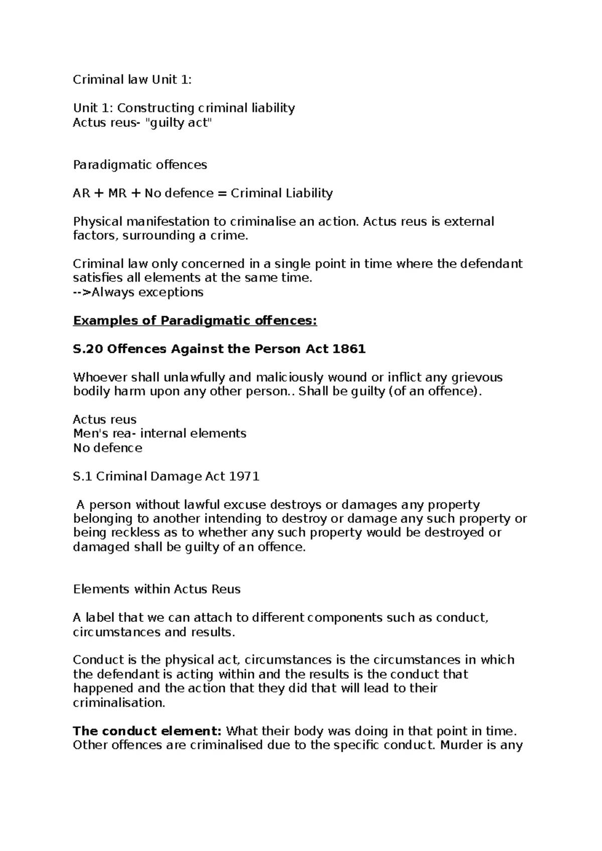 Criminal Law Unit 2 - notes - Criminal Law Unit 2: Constructing ...
