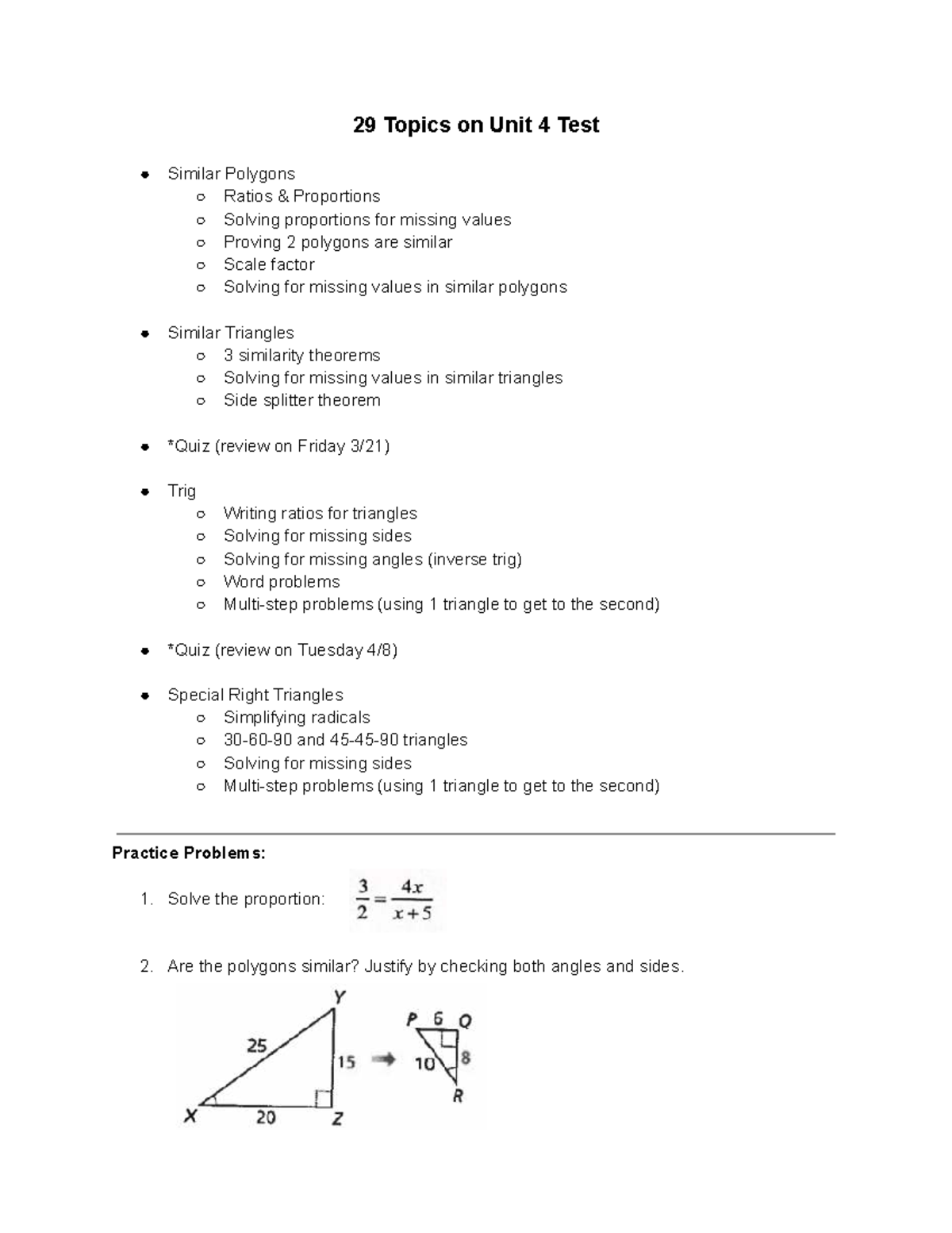 Unit 4 Test Topics: Similar Polygons, Triangles, and Trigonometry - 29 ...