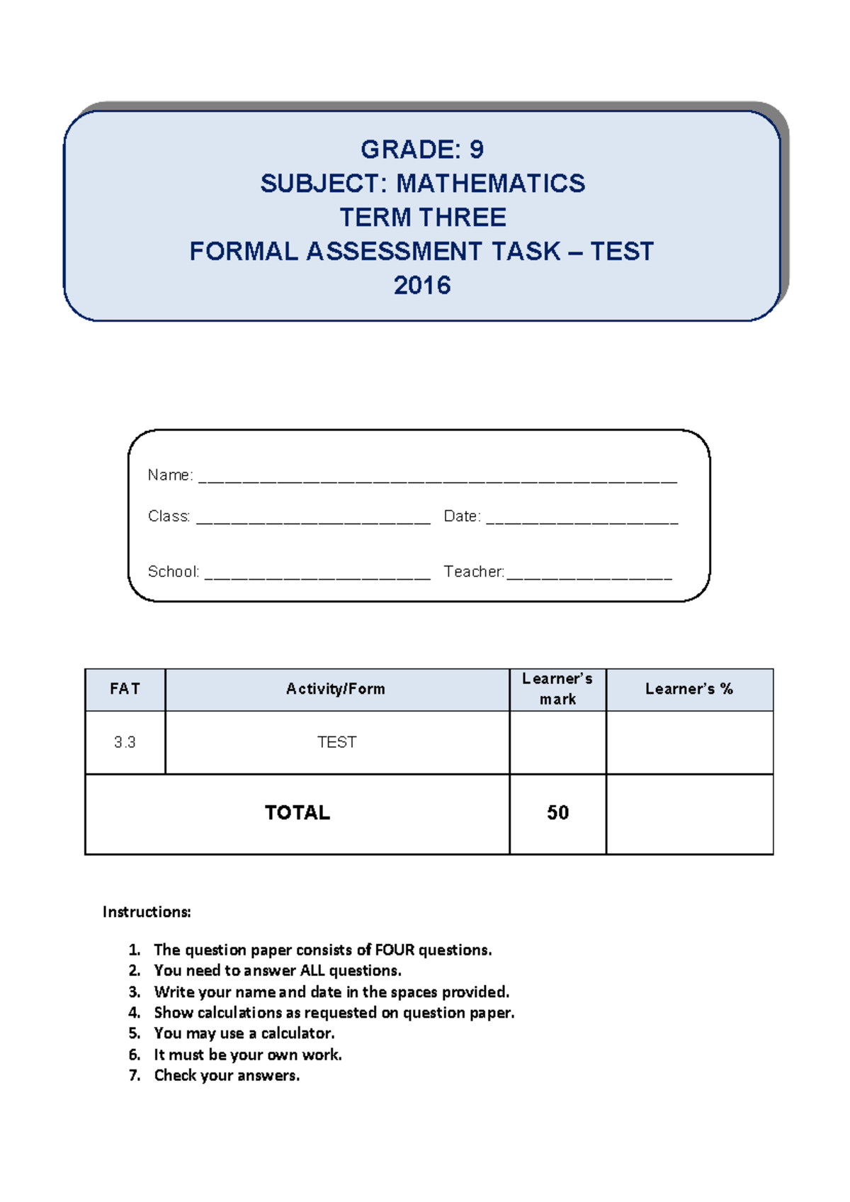 Mathematics Gr 9 Term 3 Formal Assessment Test 2016 - Studocu