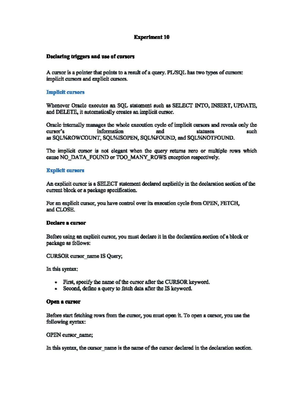 PL/SQL Experiment 10: Cursors and Triggers Practical Guide - Studocu