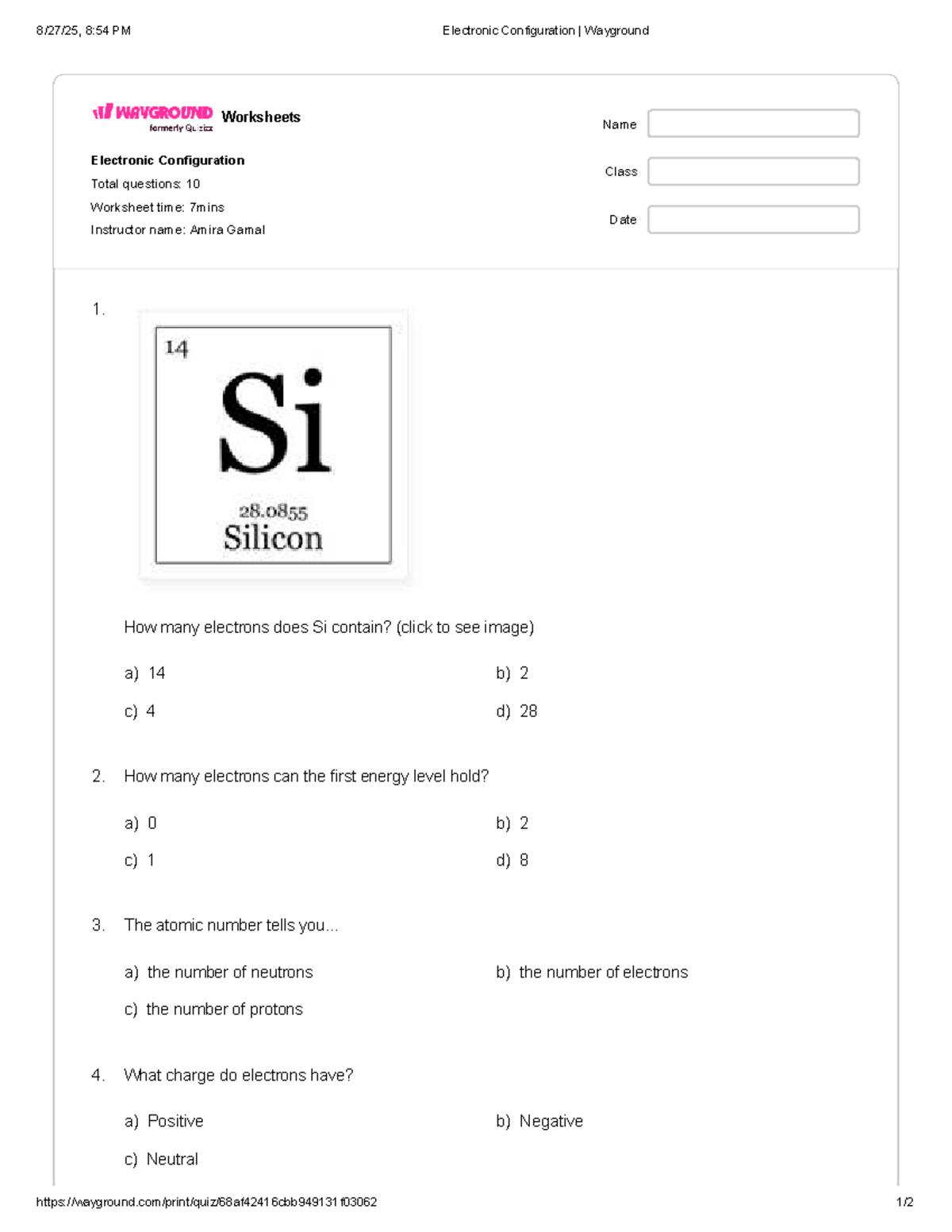 Electronic Configuration Worksheet (Total Qs: 10) - Studocu