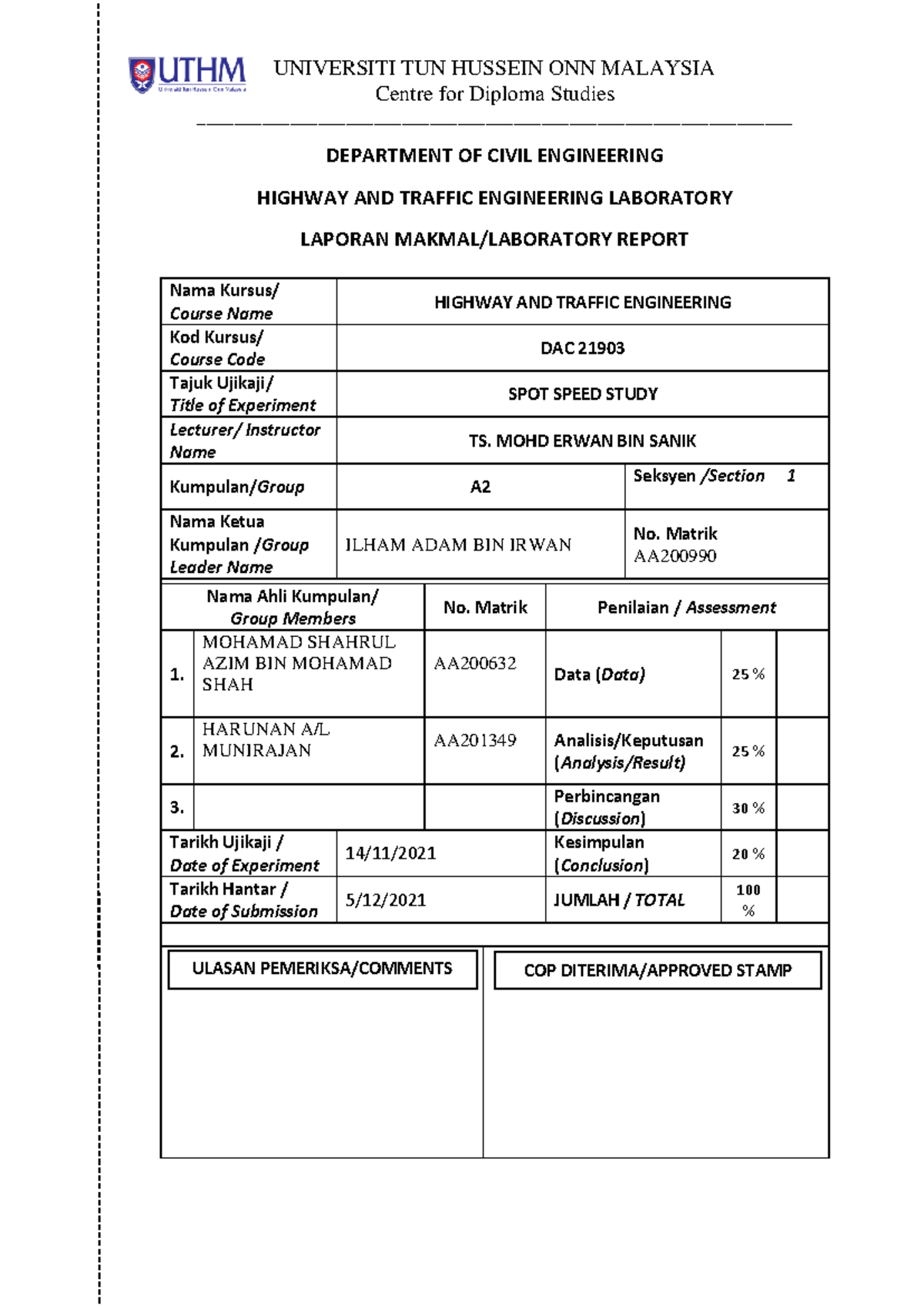 DAC 21 903: Spot Speed Study Lab Report on Traffic Velocity Analysis ...