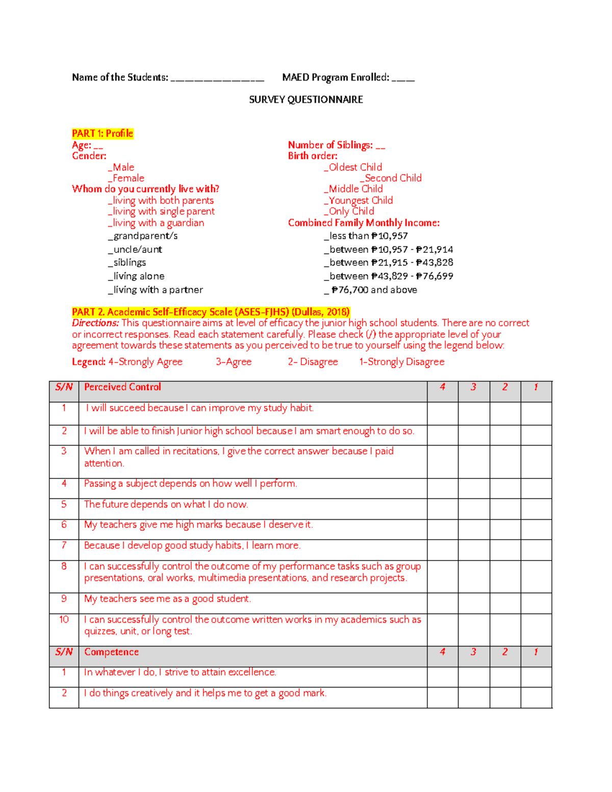 MAED Survey Questionnaire & Instrument Description for Junior High ...