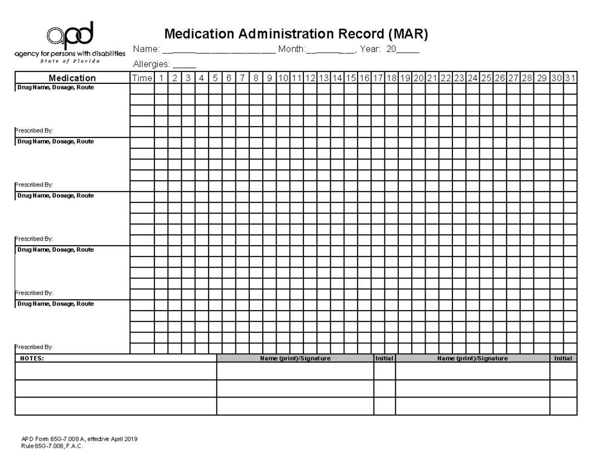 MAR form fillable - Medication form - Medication Administration Record ...