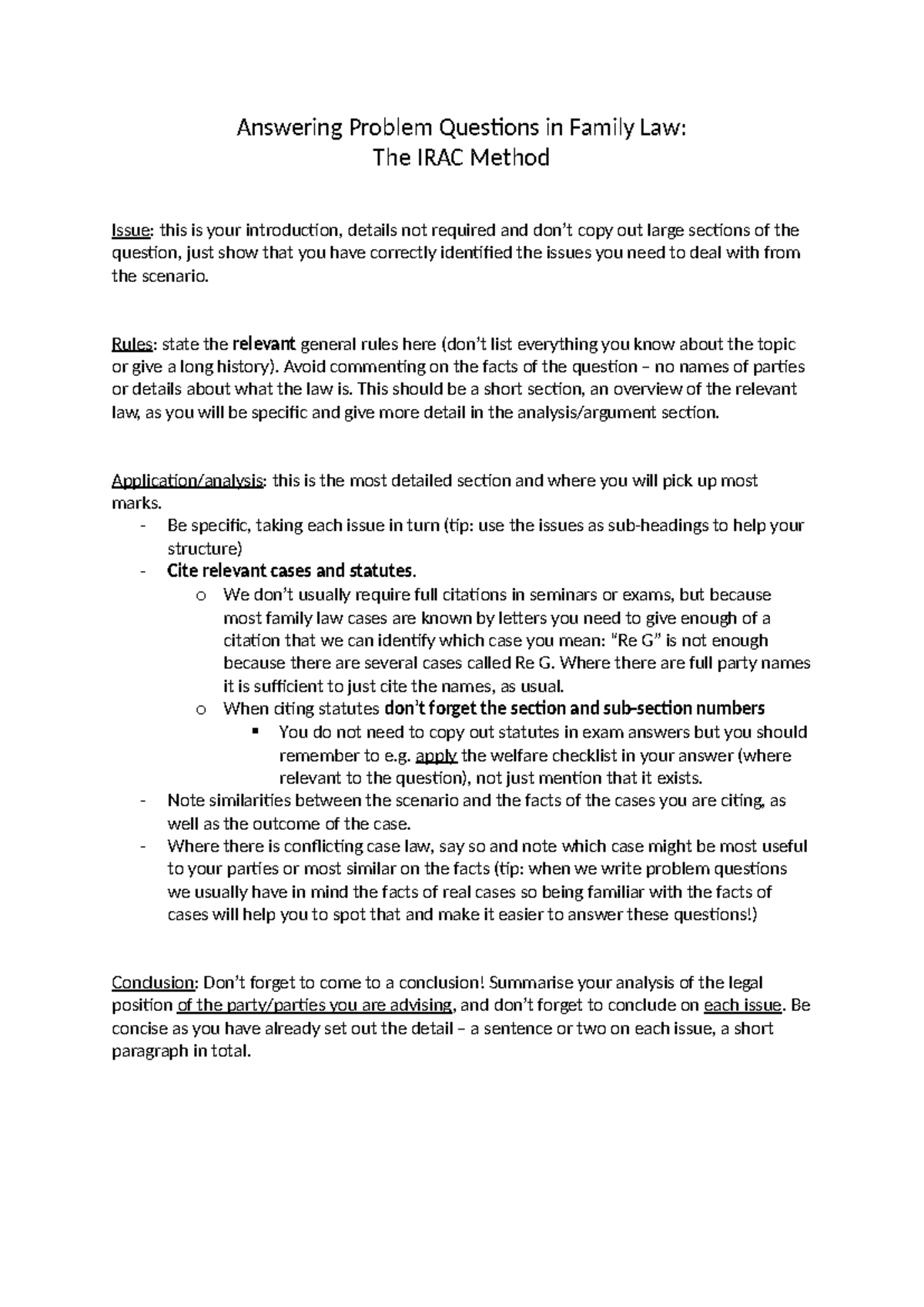 Family Law Problem Questions: Mastering the IRAC Method - Studocu