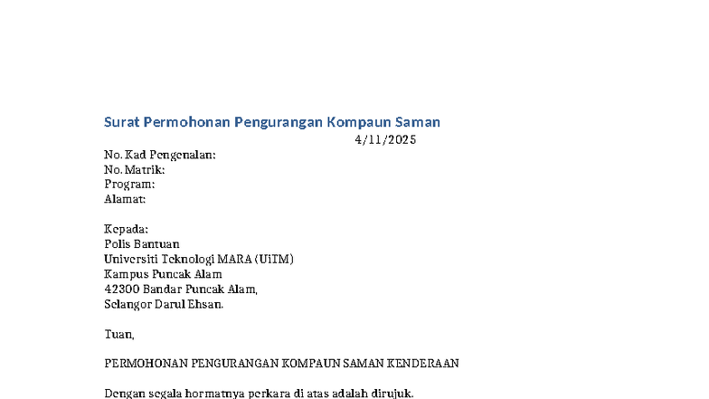 Surat Permohonan Pengurangan Kompaun Saman UiTM Puncak Alam - Studocu