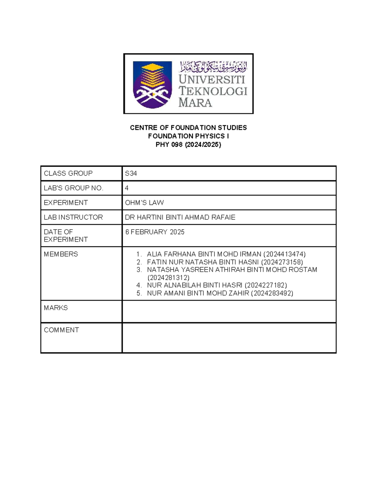 LAB Report 2: Experiment on Ohm's Law - PHY 098 Group S34 - Studocu